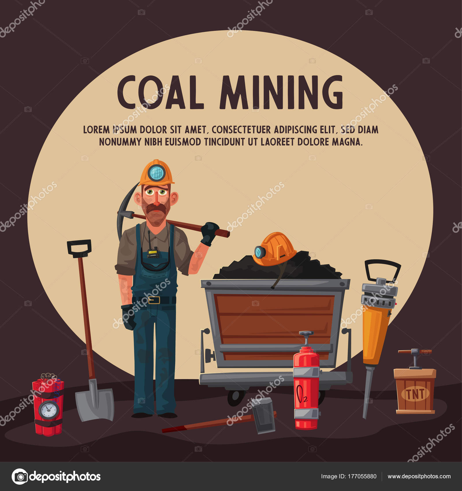 Coal mining. Miner character and tools. Cartoon vector illustration ... Coal mining. Miner character and tools. Cartoon vector illustration ...