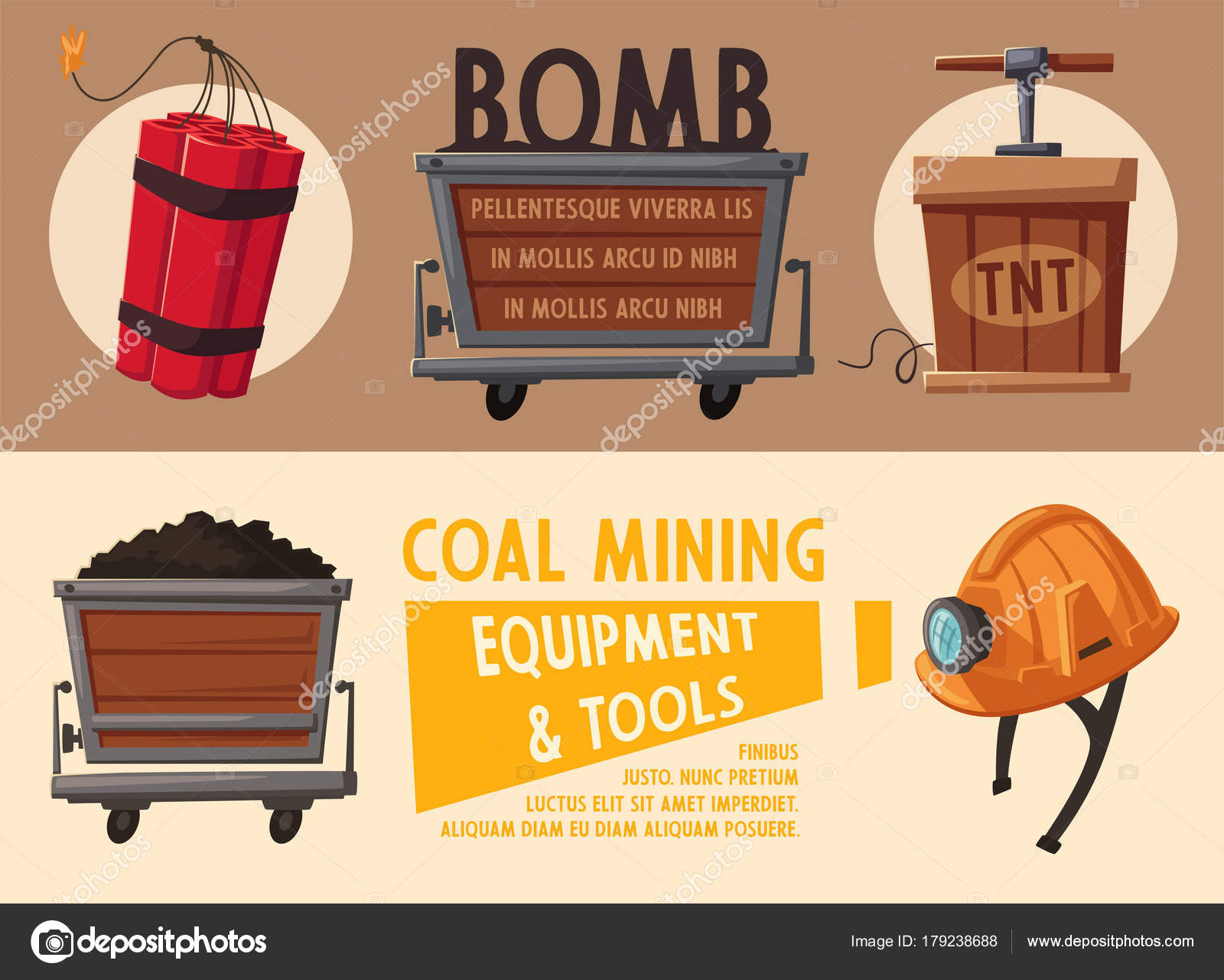 Banners with mining tools. Workers inventory. Cartoon vector ...
