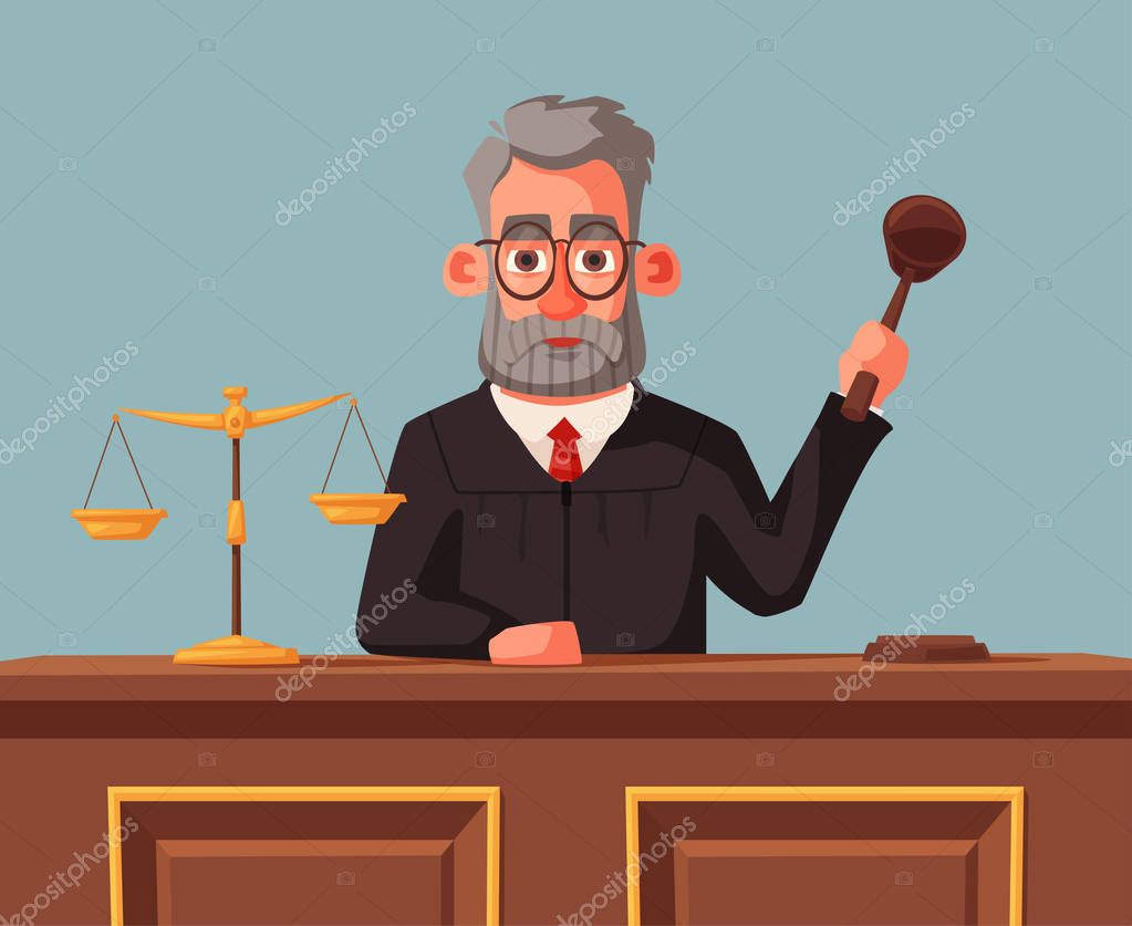 Juez de carácter con martillo. Dibujos animados vector ilustración 2024