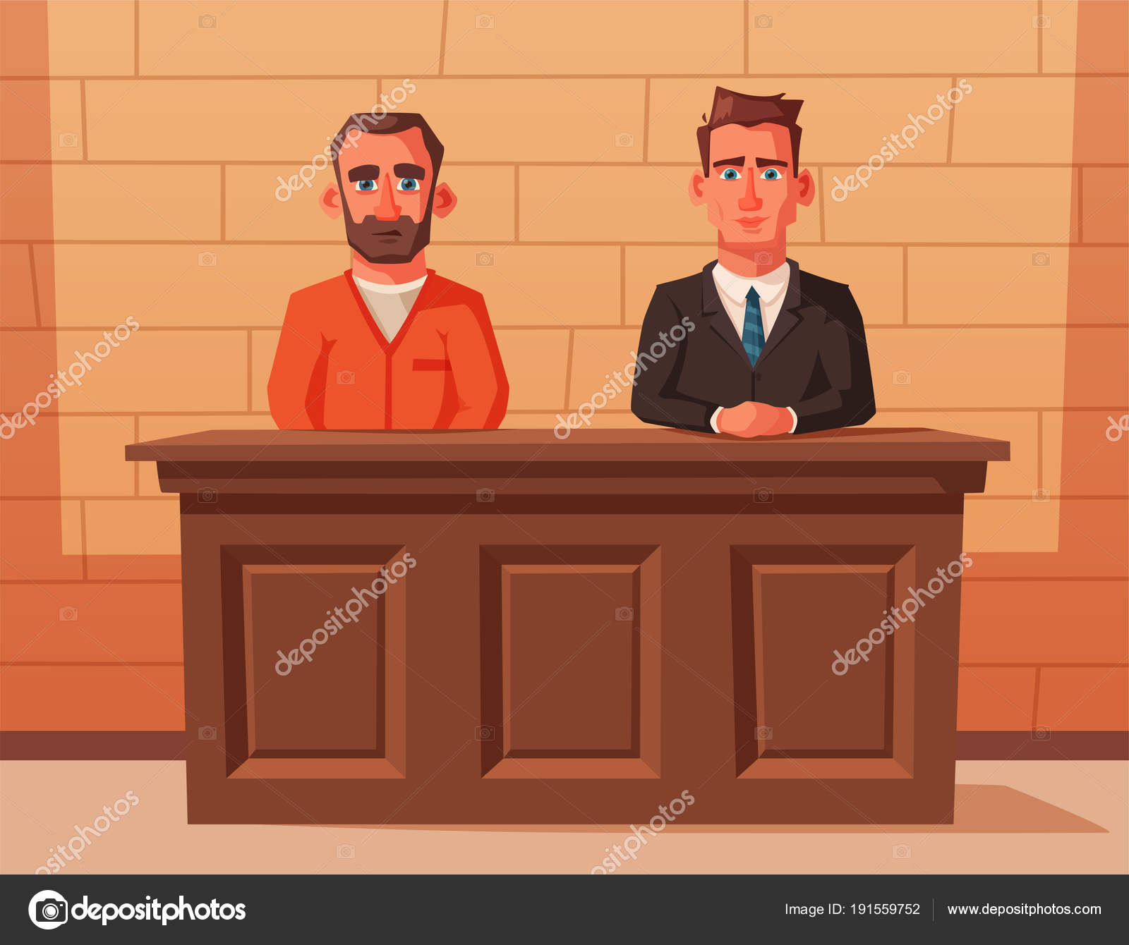Serious lawyer sits by the table in courthouse with defendant. Cartoon ...