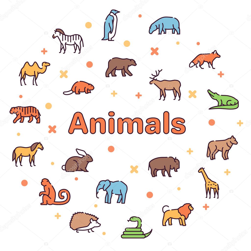 Animales salvajes símbolos color lineal vector icono conjunto 2024