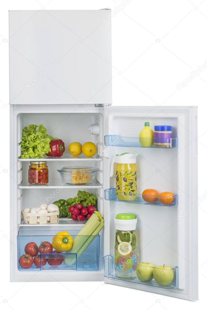Open fridge full of fresh fruits and vegetables — Stock Photo ...
