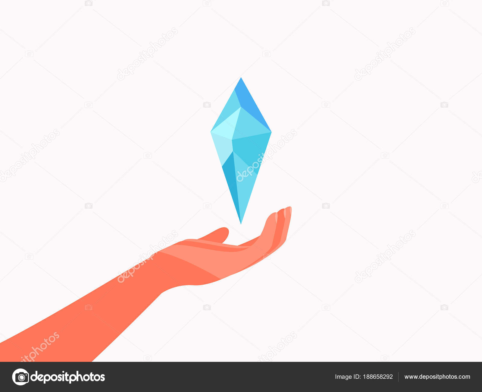 Hand and diamond, to give a precious crystal. Flat silhouette isolated ...