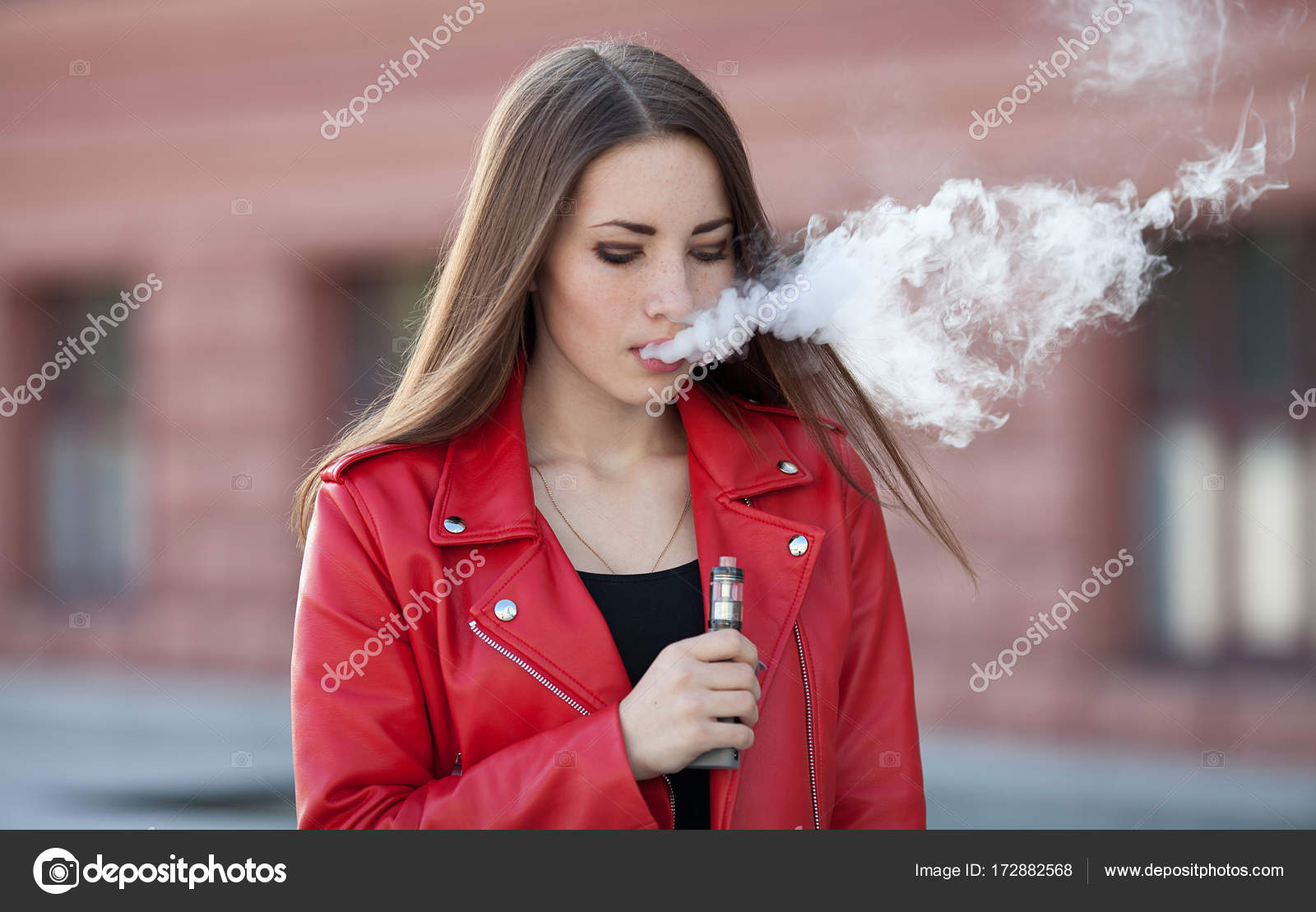 Vaping Young Beautiful Woman Smoking Vaping Cigarette Smoke Outdoors