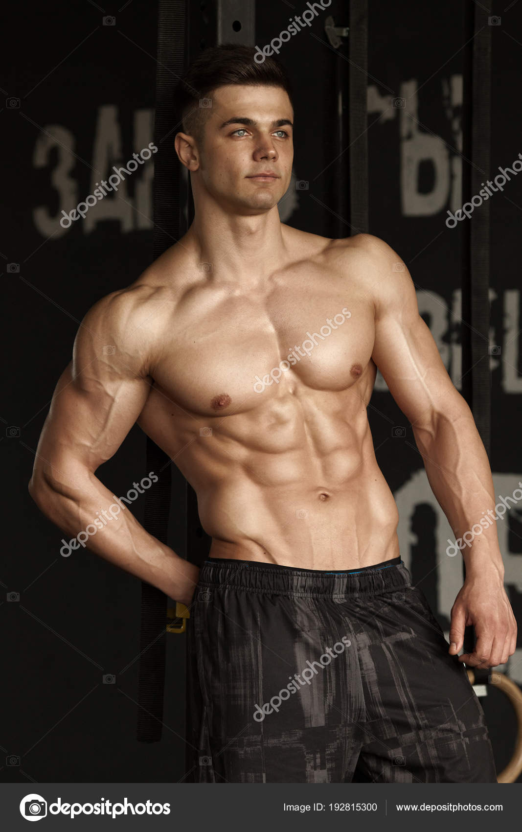 Healthy Young Man Standing Strong Gym Flexing Muscles Muscular Athletic ...