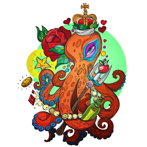 Cute octopus in a crown with a rose and a trident. Vector illustration ...