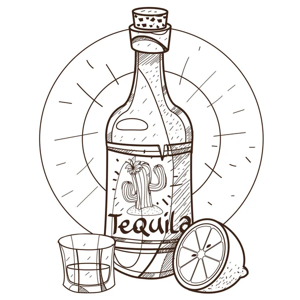 Vector Sketch Illustration - Tequila Bottle and Shot with Salt and Lime ...
