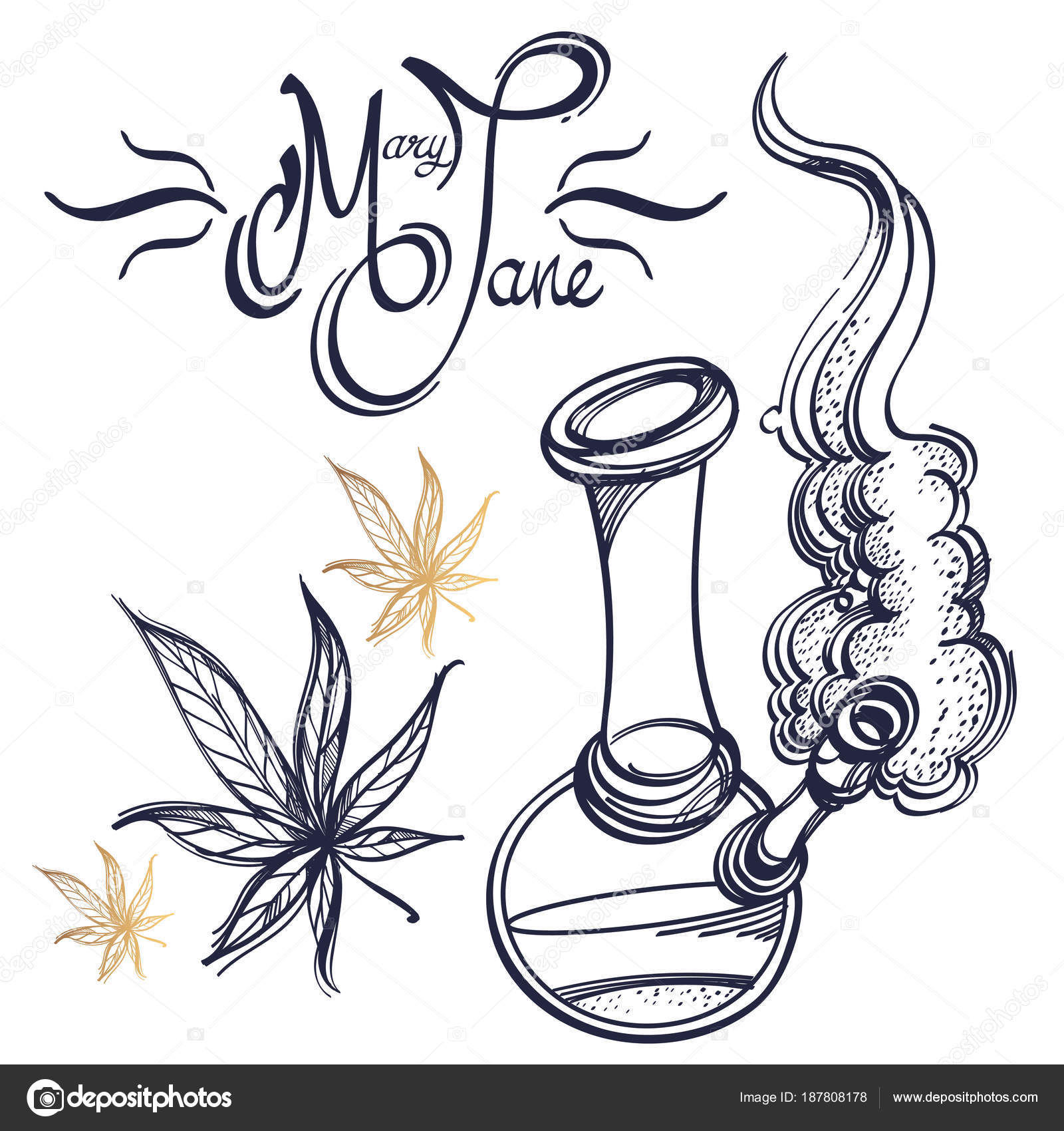 Smoking Bong Marijuana Mary Jane Lettering Vector Monochrome ...