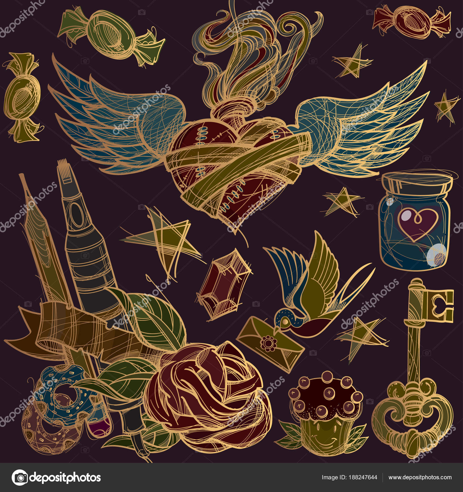 Colorful Detailed Design Background Objects Symbols Black Background ...