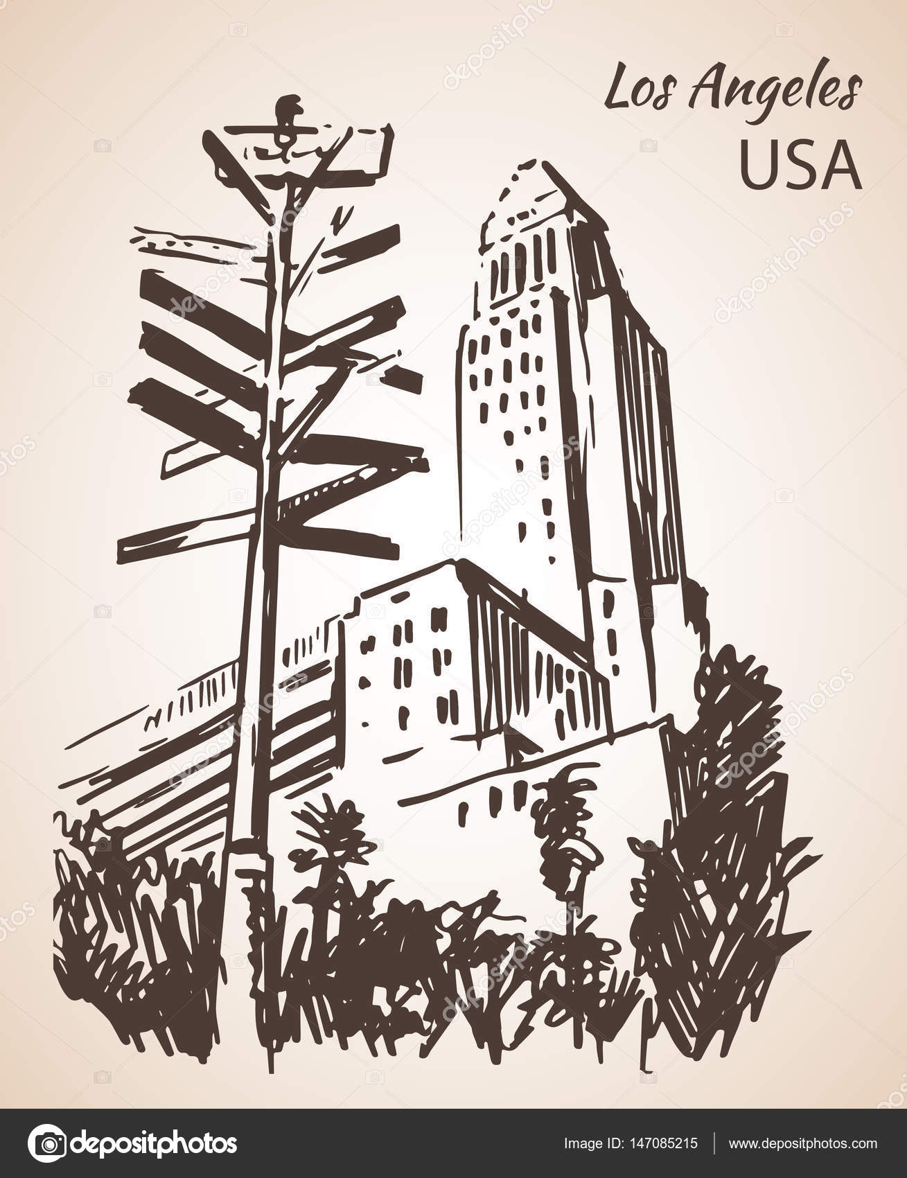 Los Angeles City Hall cityscape sketch. Stock Vector Image by ©Naniti ...
