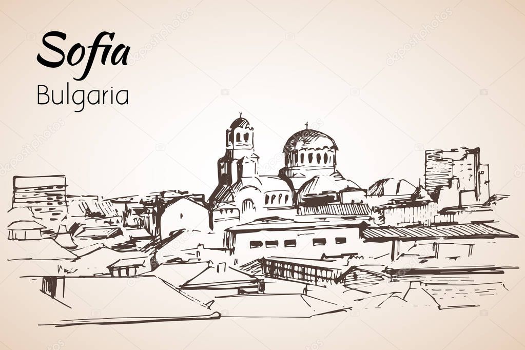 Sofia city panorama, Bulgaria. Sketch. Isolated on white backgro ...