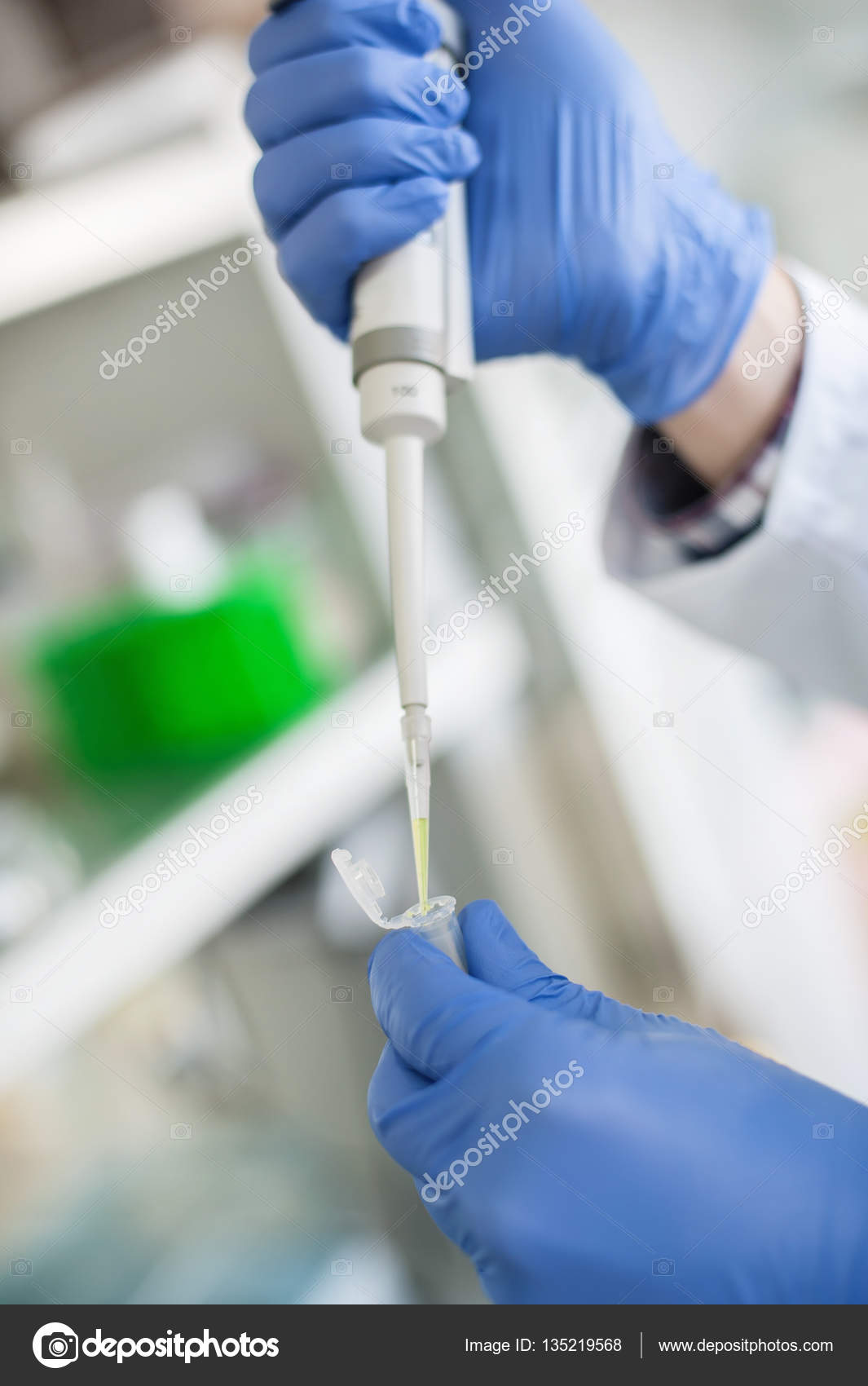Scientific laboratory technician pipetting. Macro shot Stock Photo by ...