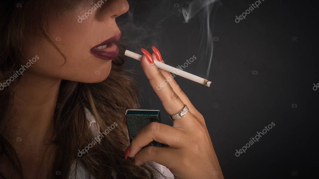 Portrait Of Sexy Elegant Lady Woman Smoking Cigarette Fashion G