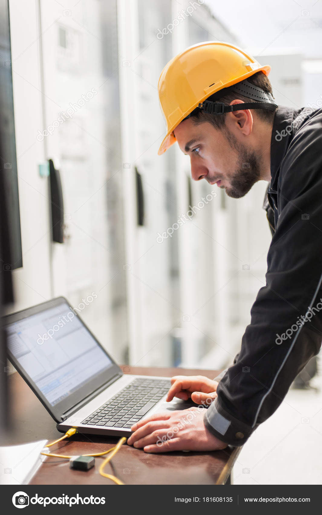 Maintenance Engineer Inspect Relay Protection System Laptop Computer ...