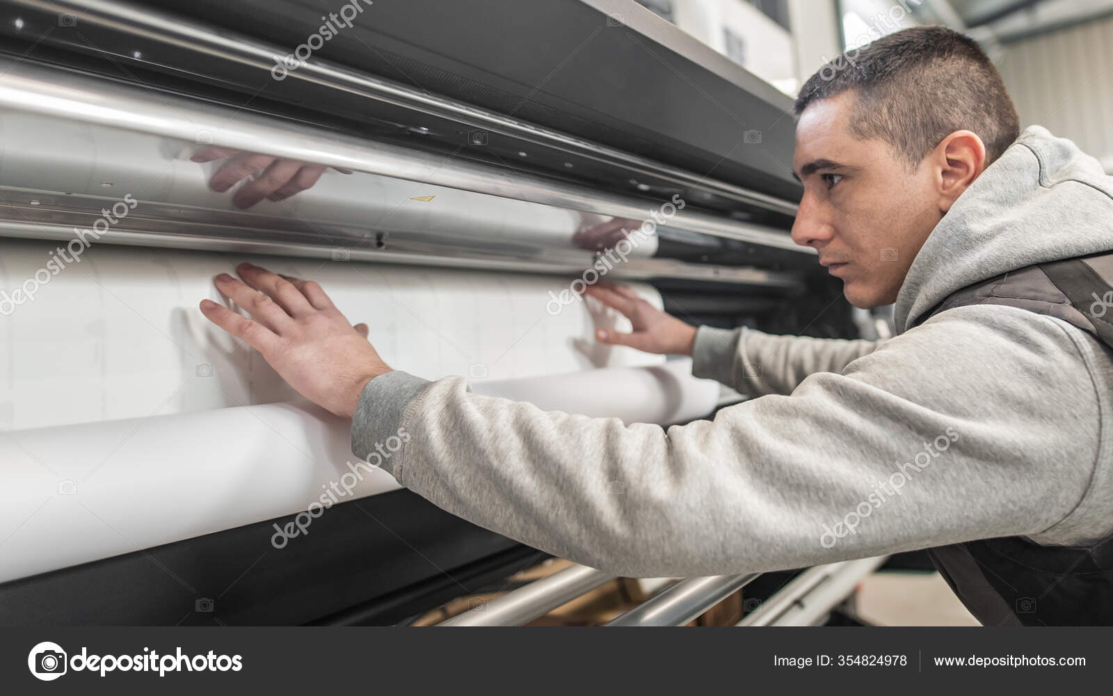 Technician Worker Operator Changes Paper Roll Large Premium Industrial ... Technician Worker Operator Changes Paper Roll Large Premium Industrial ...