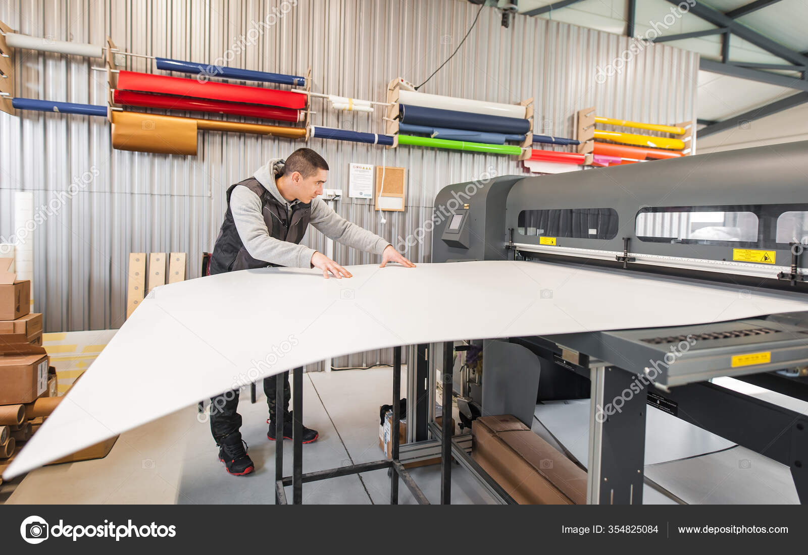 Technician Worker Operator Works Large Premium Industrial Printer ...