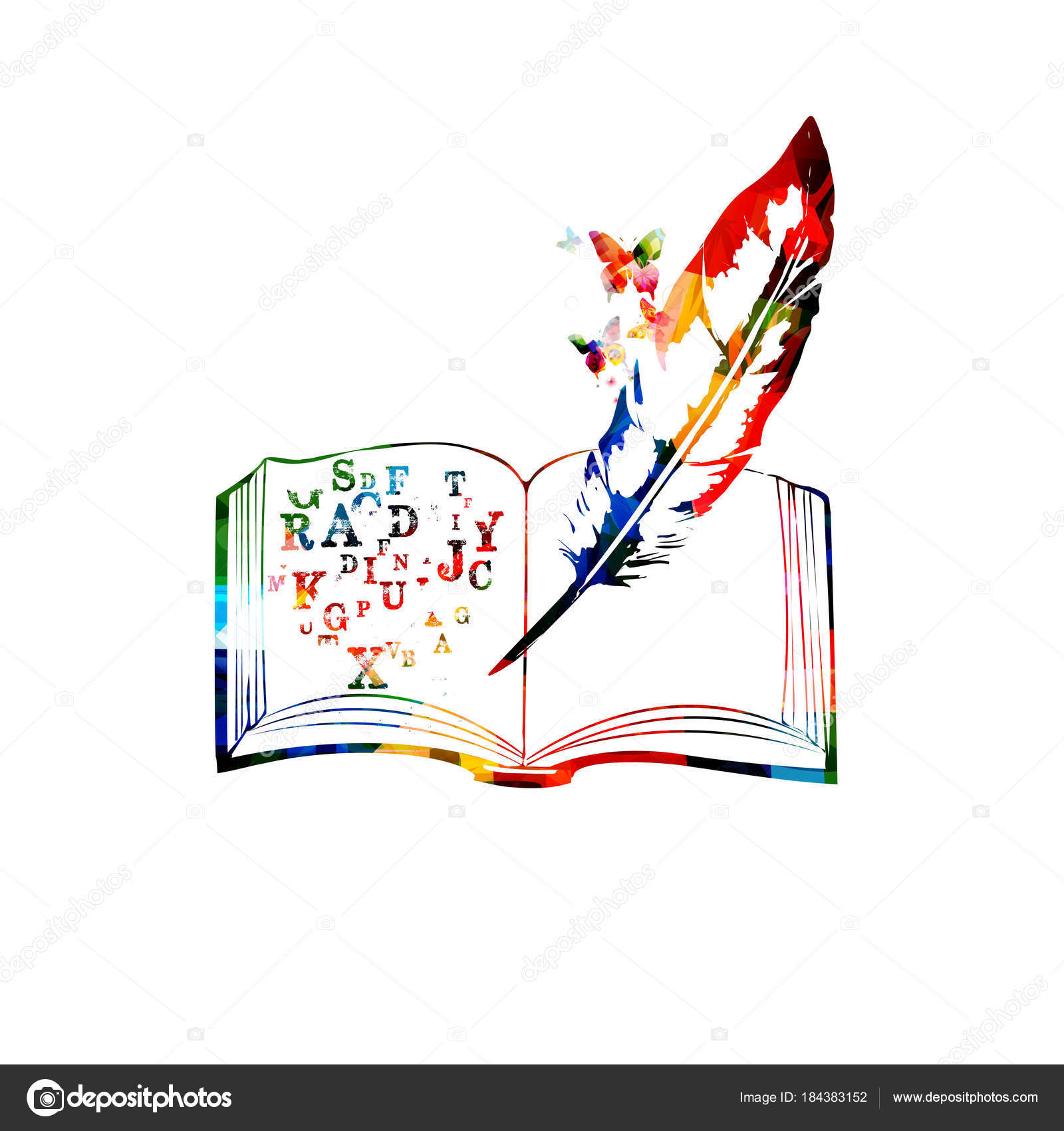 Creative Book Design Colorful Letters Feather White Background Stock ...