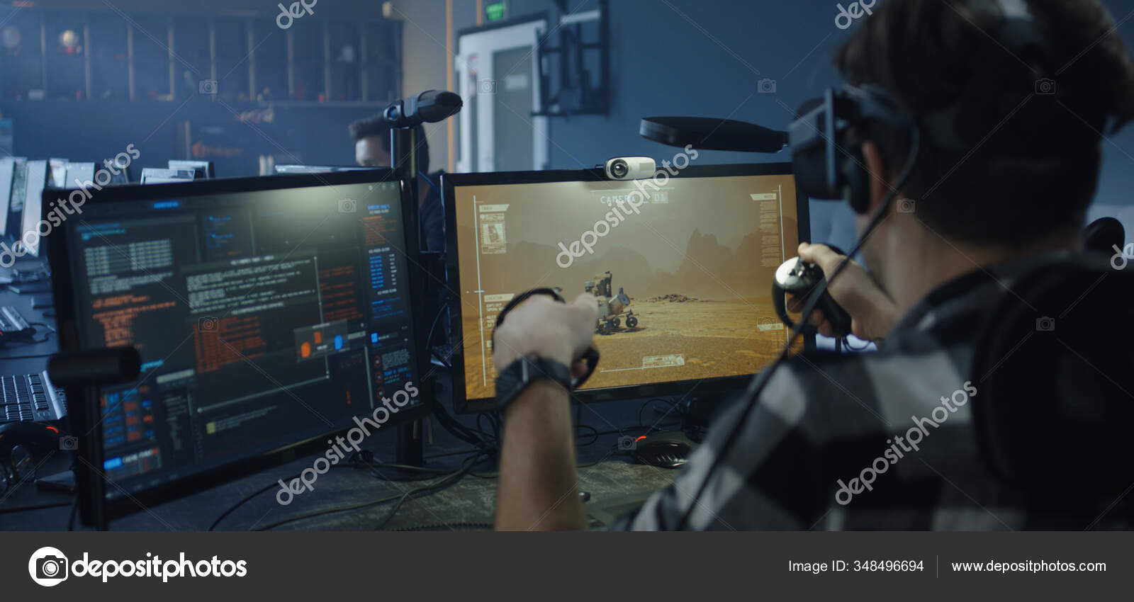 Developer playing a VR game or simulator — Stock Photo ...