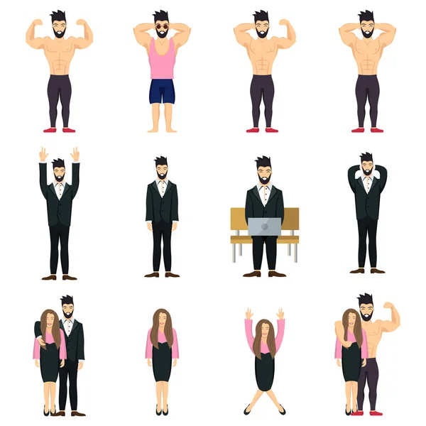 Positive bodybuilder posing icon set on white background. Body positive ...