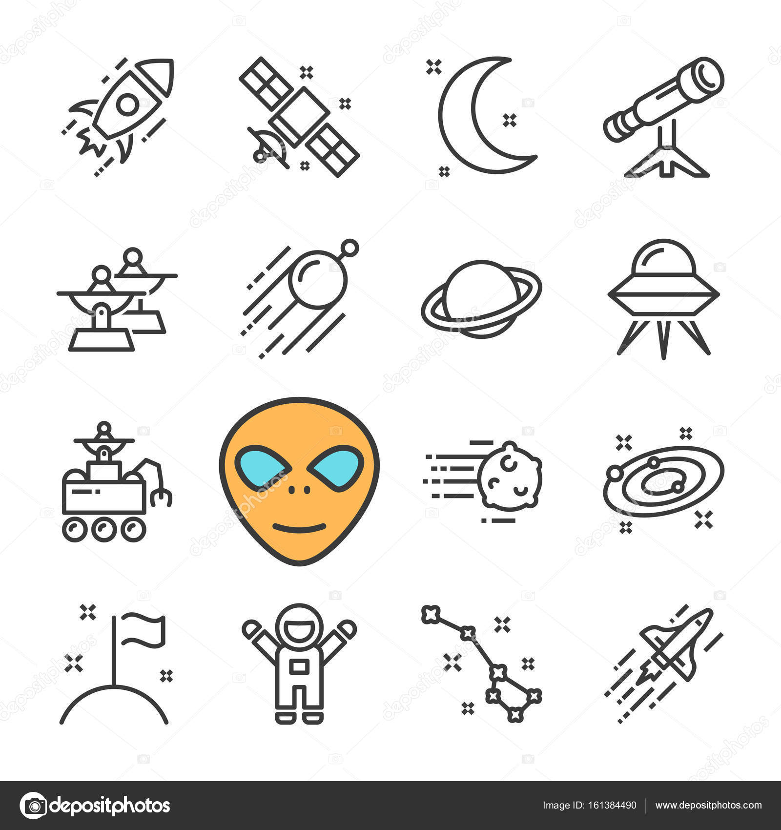 Vector black line Space icons set. Cosmonaut, Rocket, UFO, Satellite ...