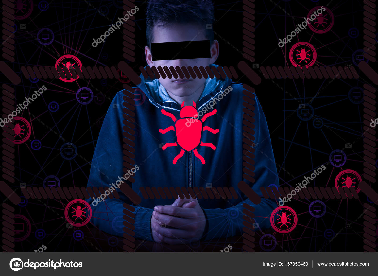 Arrested anonymous computer hacker and cyber criminal with handcuffs ...