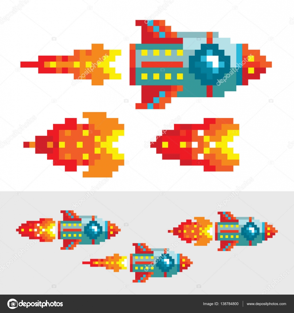 Pixel rocket with flame. Different phases of pixel flame for animation ... Pixel rocket with flame. Different phases of pixel flame for animation ...