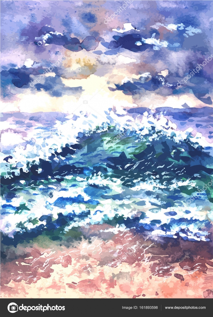 Vector Paisaje con surf de mar, pintado en acuarela. Paisaje marino ...