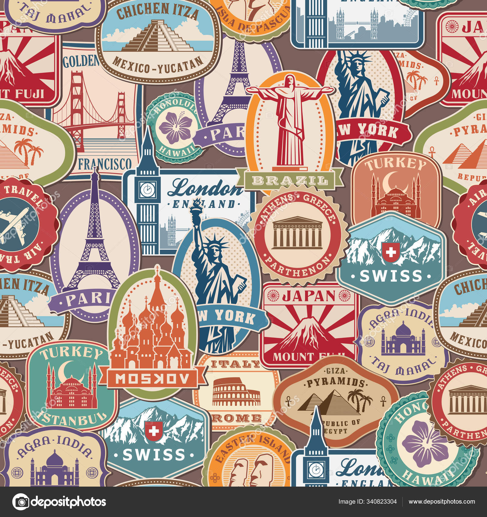 Travel pattern. Famous Monuments stamps stickers Stock Vector by ...