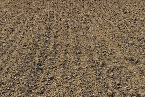 A close up of freshly tilled soil with till marks and textures in the ...