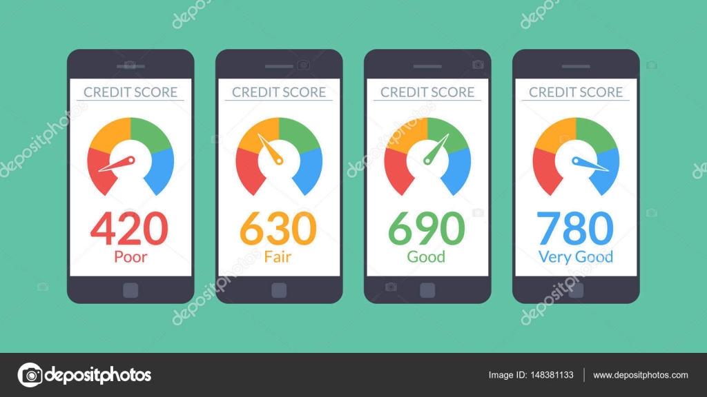Collection smartphones with credit score app on the screen in flat ...