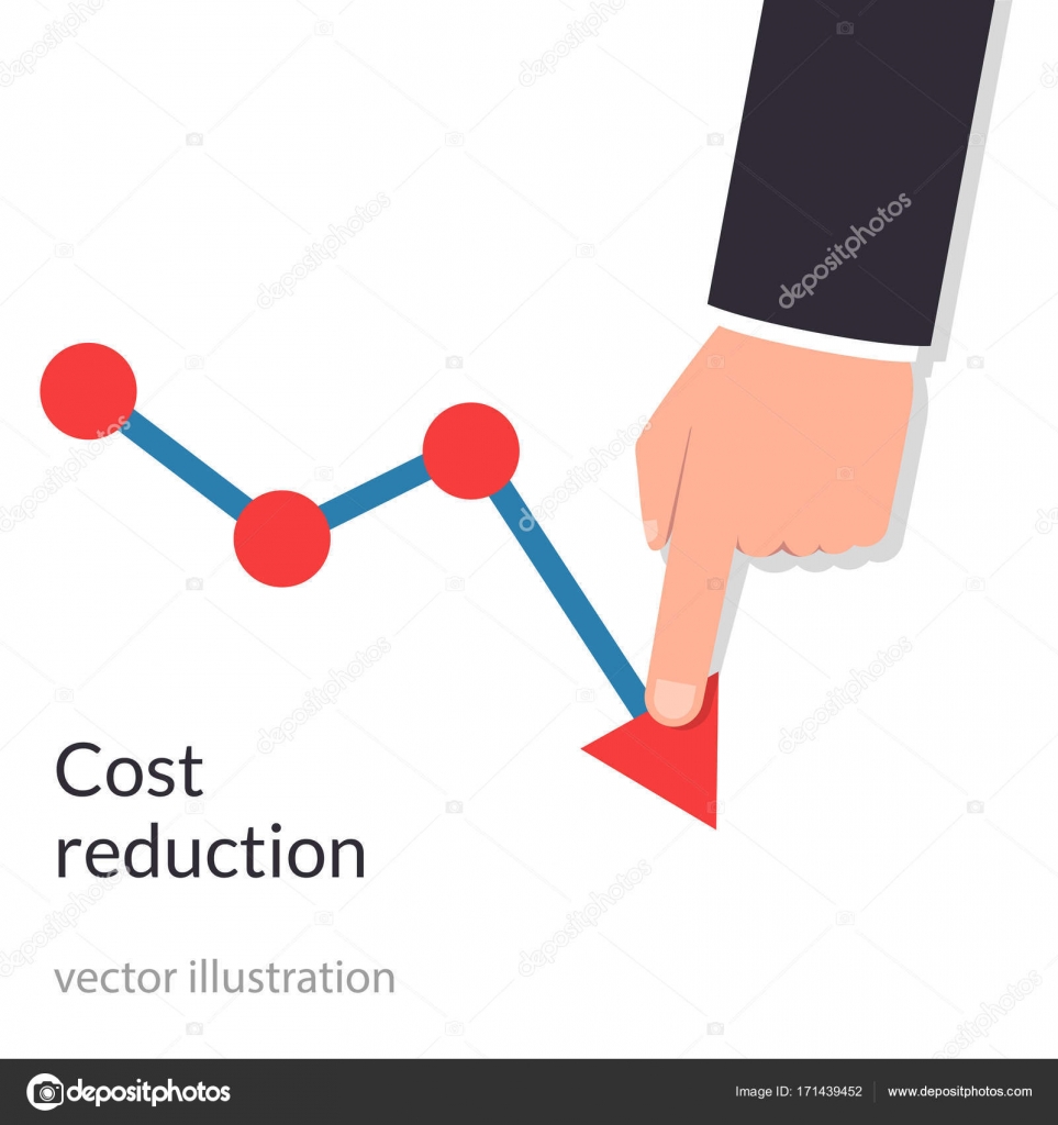 Cost reduction concept. Cost down. Businessman with his hand lowers the arrow of the graph ...
