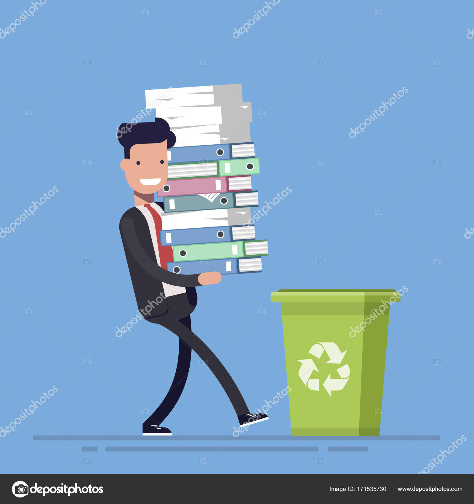 Businessman or manager throws paper documents into a trash can. The ...