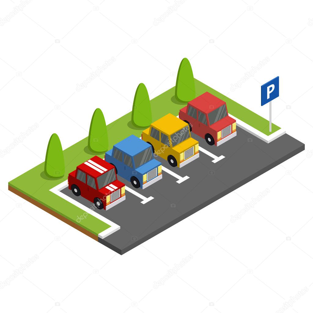 Aparcamiento con coches aparcados junto a árboles verdes. Ilustración ...