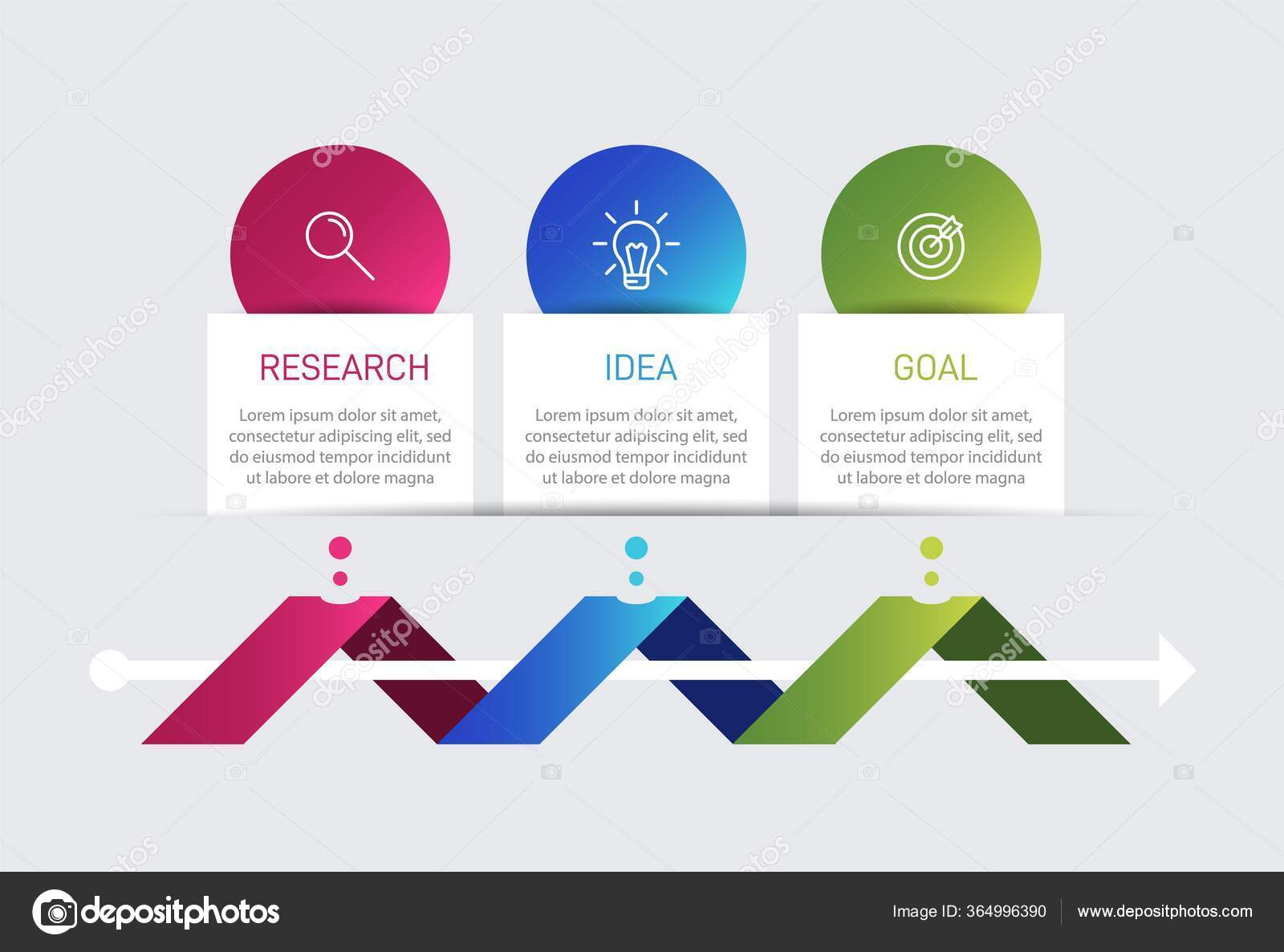 Concept of arrow business model with 3 successive steps. Three colorful ...