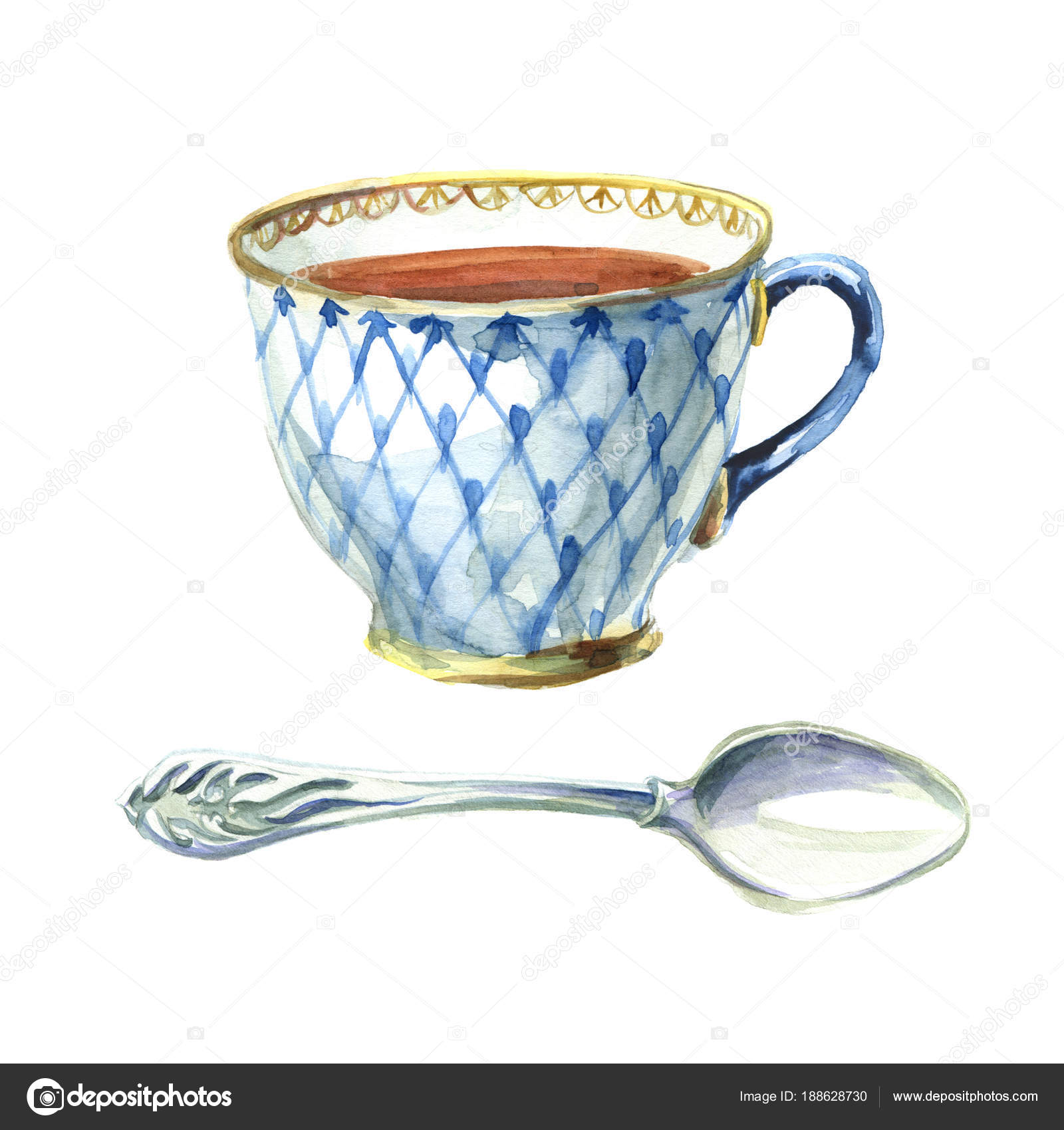 Blue cup of tea or coffee, teaspoon isolate on white backgroun Stock ...