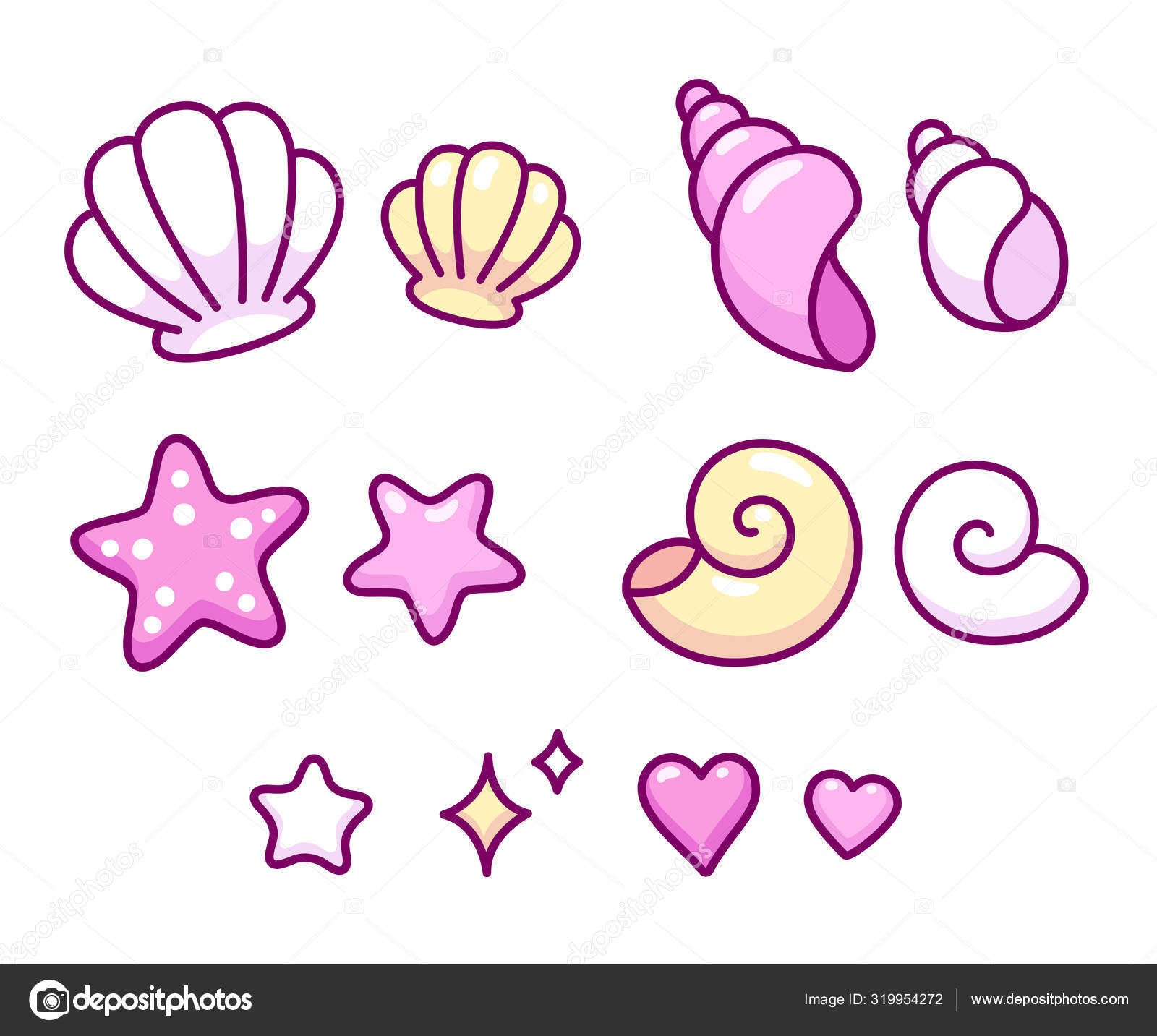 Lindo conjunto de concha de dibujos animados vector, gráfico vectorial ...