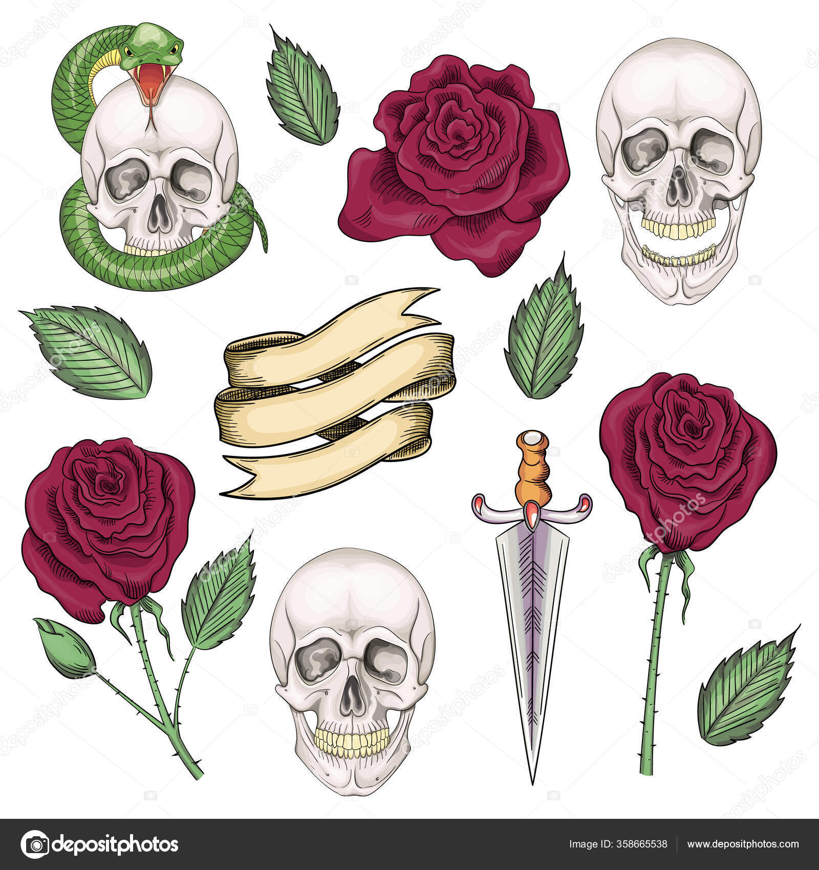 Traditional Rose And Skull Tattoo Designs