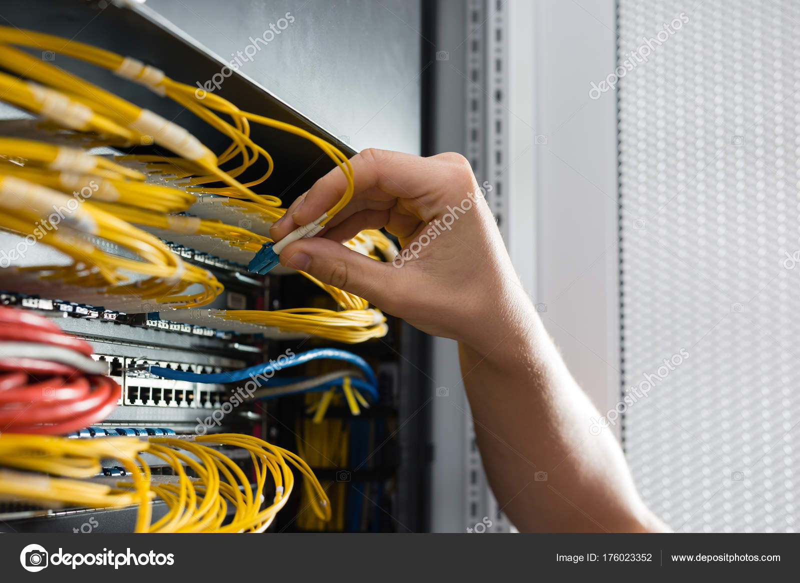 Hand Fixing Cables Network Server Room Routers Stock Photo by ...