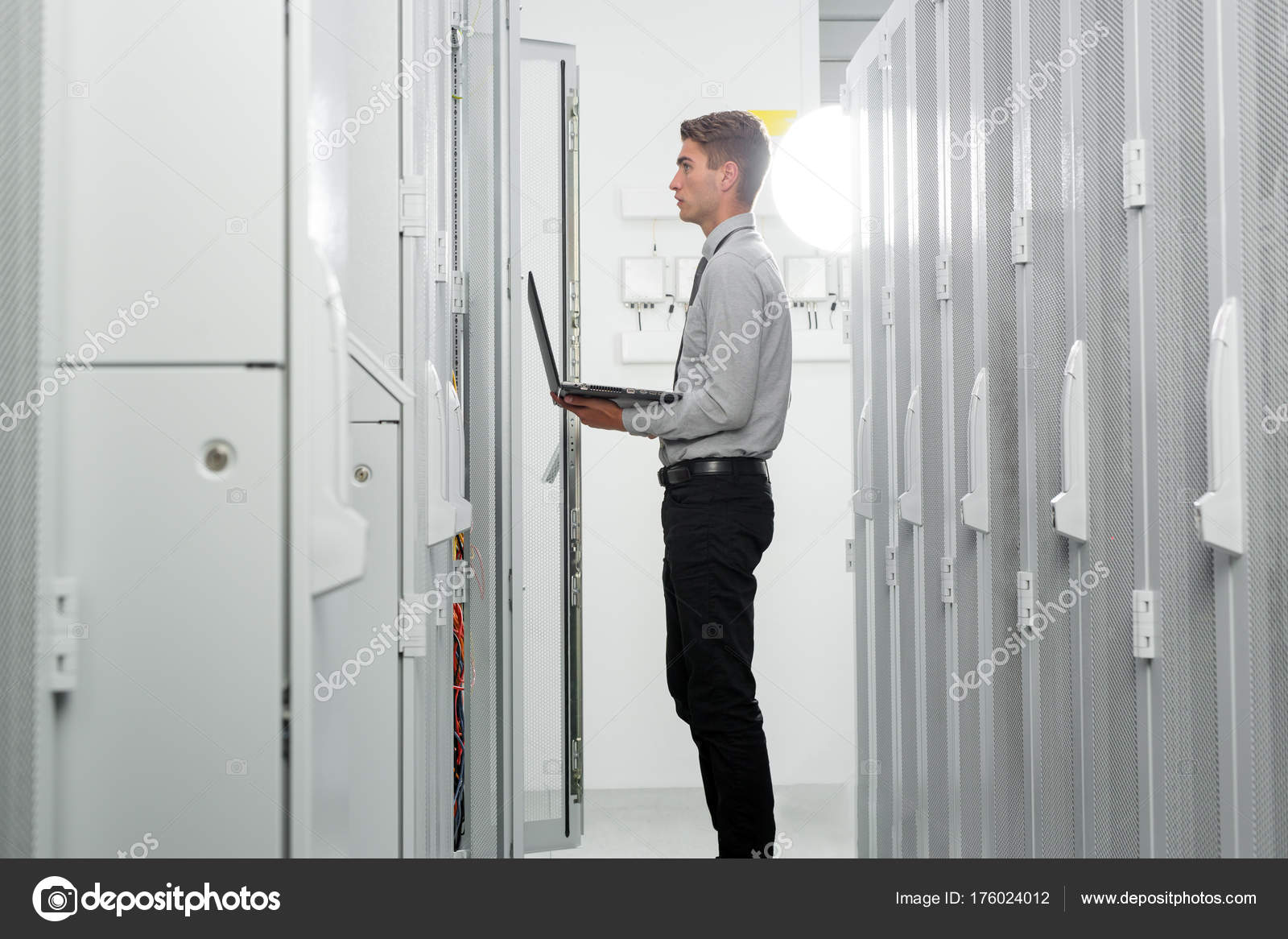 Portrait Modern Young Man Holding Laptop Standing Server Room Working ...