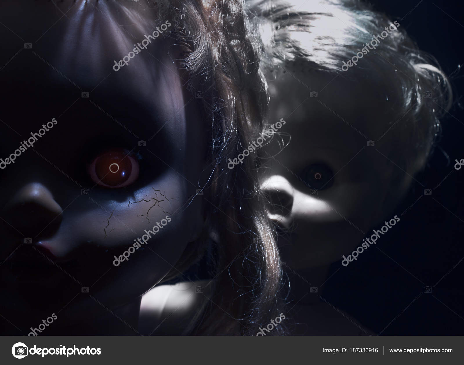 Two Creepy Faces Scary Plastic Dolls Fiery Eyes Closeup — Stock Photo ...