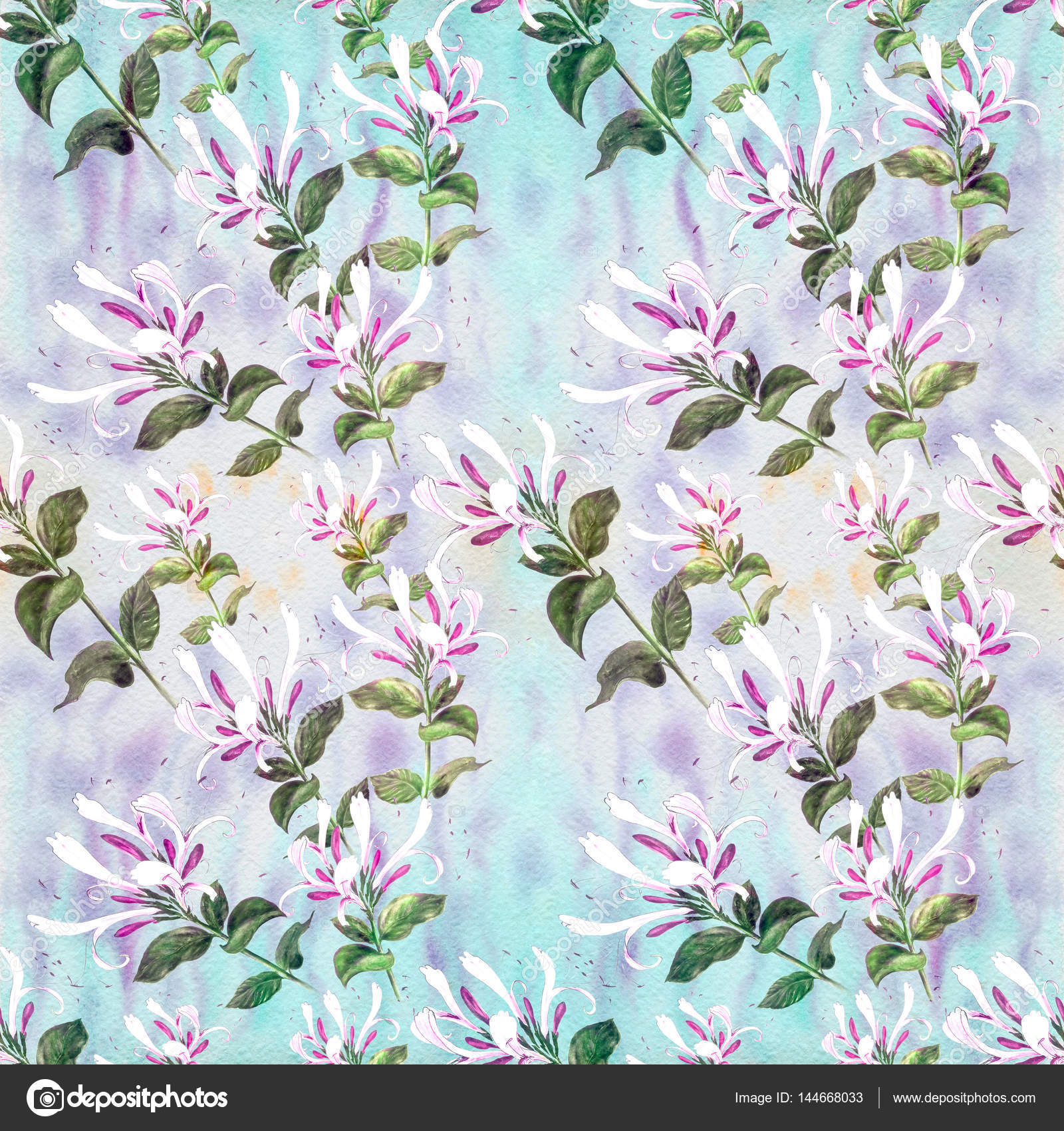 Sprig of honeysuckle. Watercolor. Seamless pattern. Stock Illustration ...