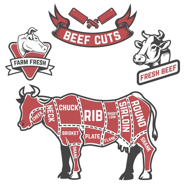 American cuts of beef. Vector set of beef logos, labels, knives and ...