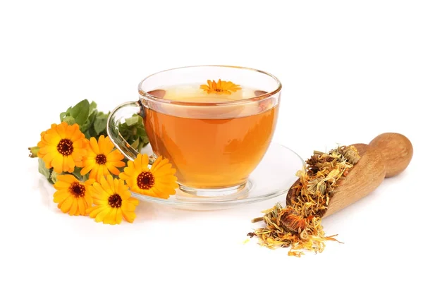 Té de caléndula con flores frescas y secas aisladas sobre fondo blanco 2024
