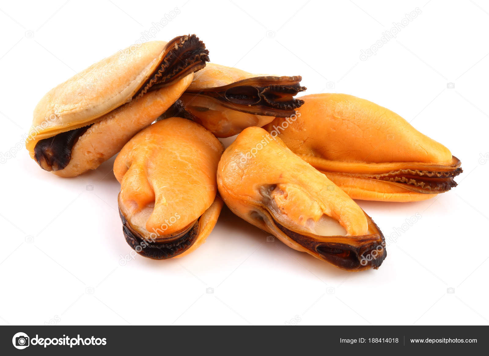 Five mussel without shell isolated on white background Stock Photo by ...