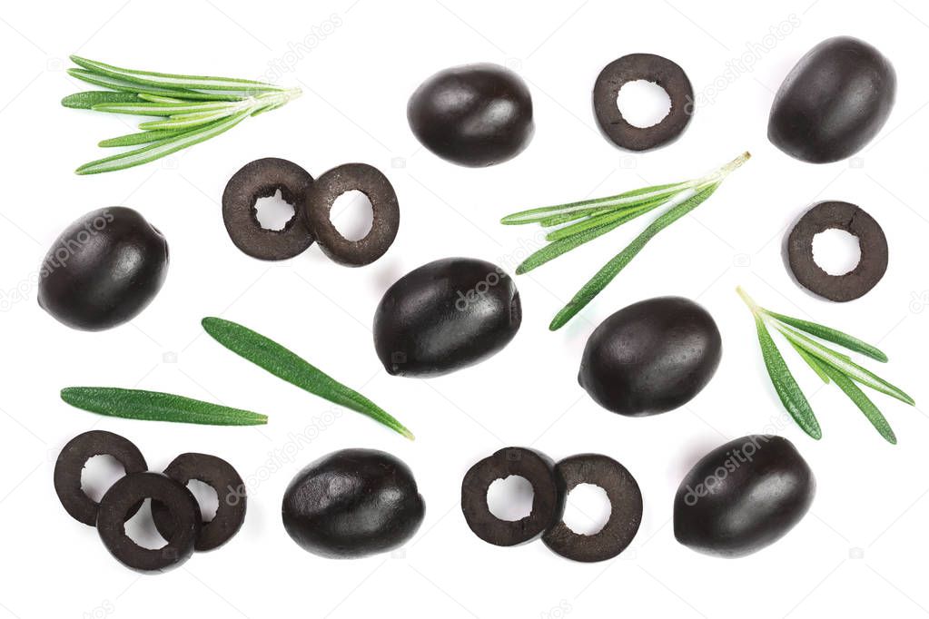aceitunas negras enteras y cortadas en rodajas con hojas de romero ...