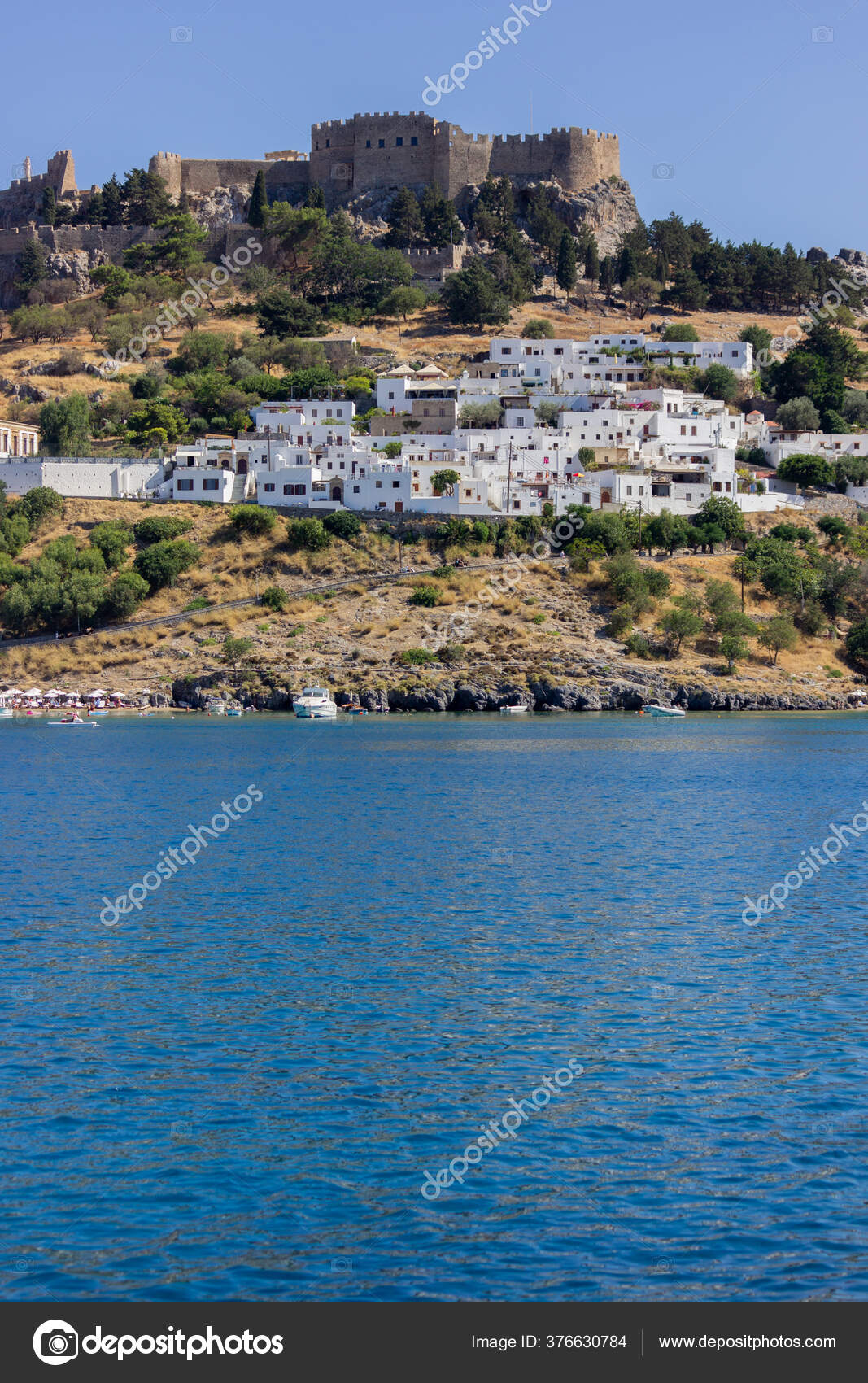 Lindos Village Rhodes Greece Panorama Made Sea — Stock Photo ...