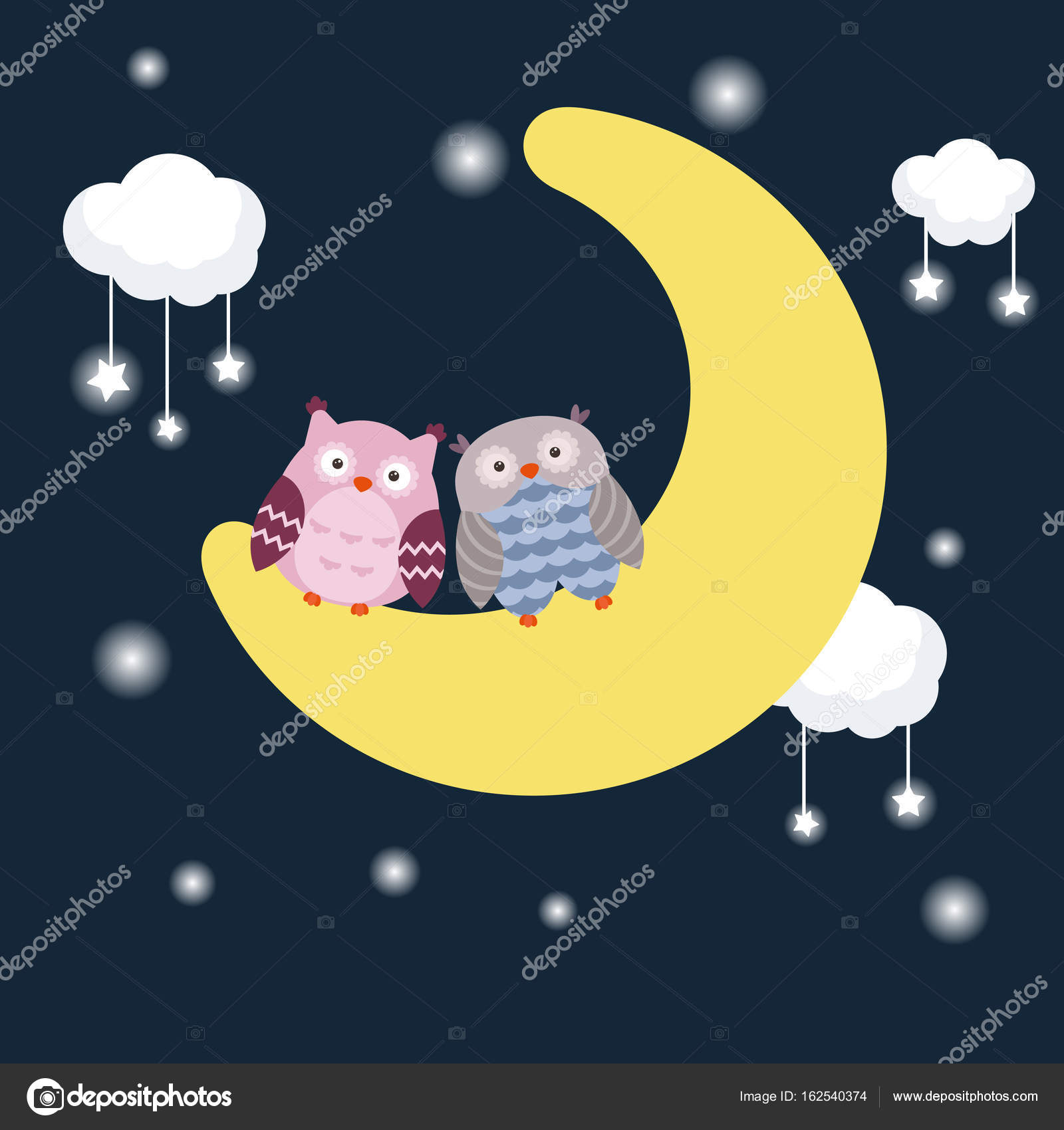 Búhos de dibujos animados sentados en la luna Vector de stock ...