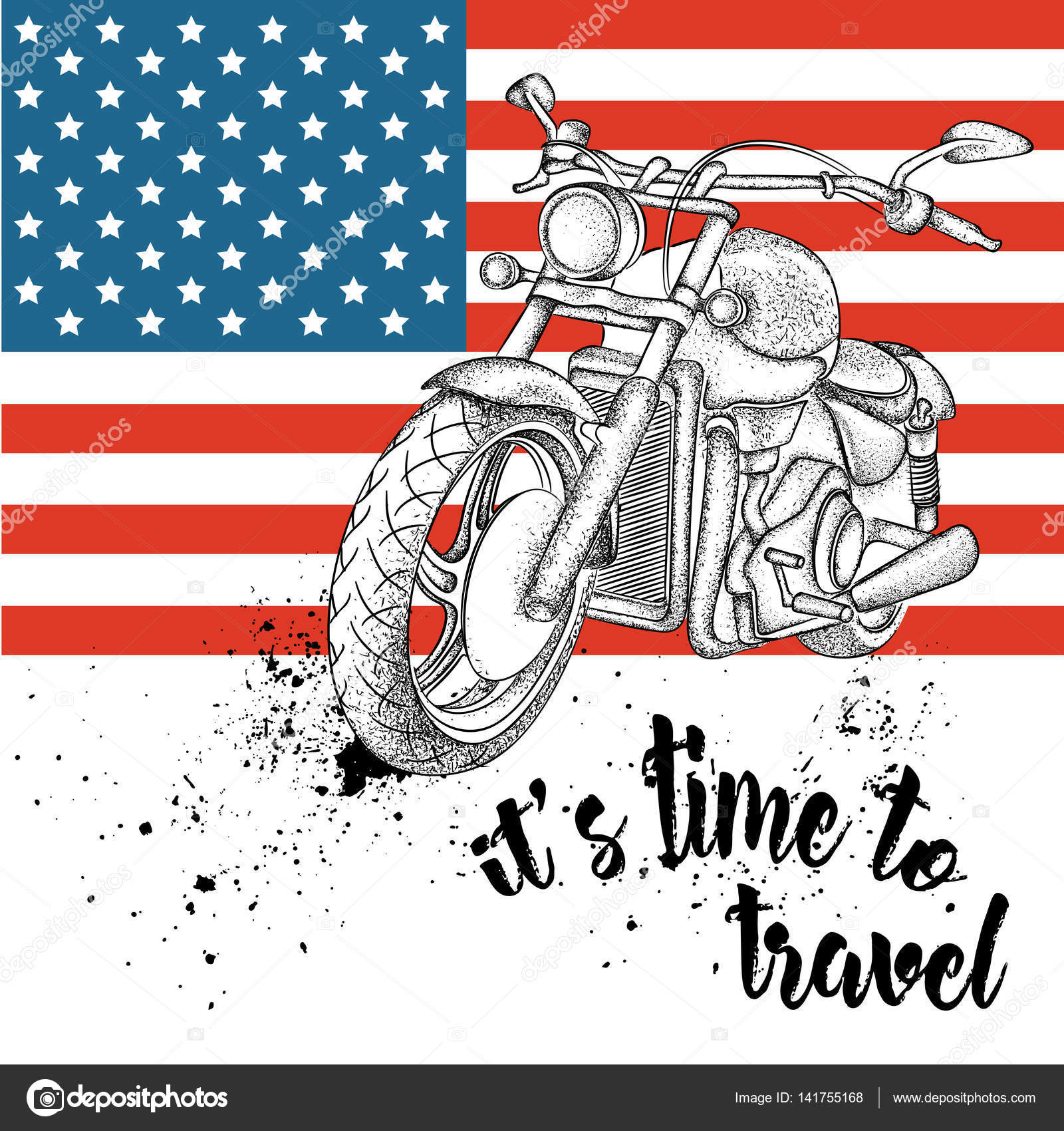Hand drawn motorcycle on background. Print of USA flag. hand drawn ...
