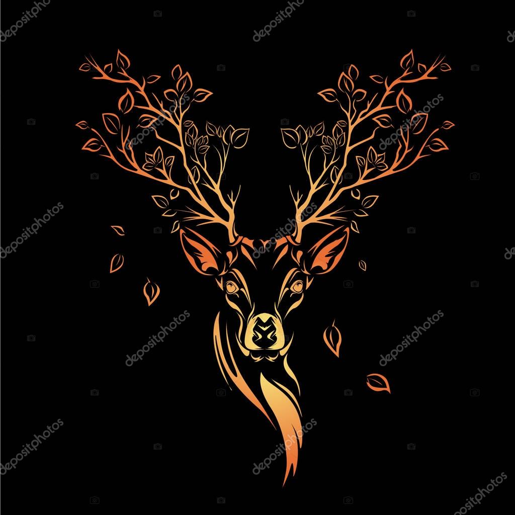 Etnik geyik boynuzları dallarda ile başkanı renkli. Totem / dövme ...