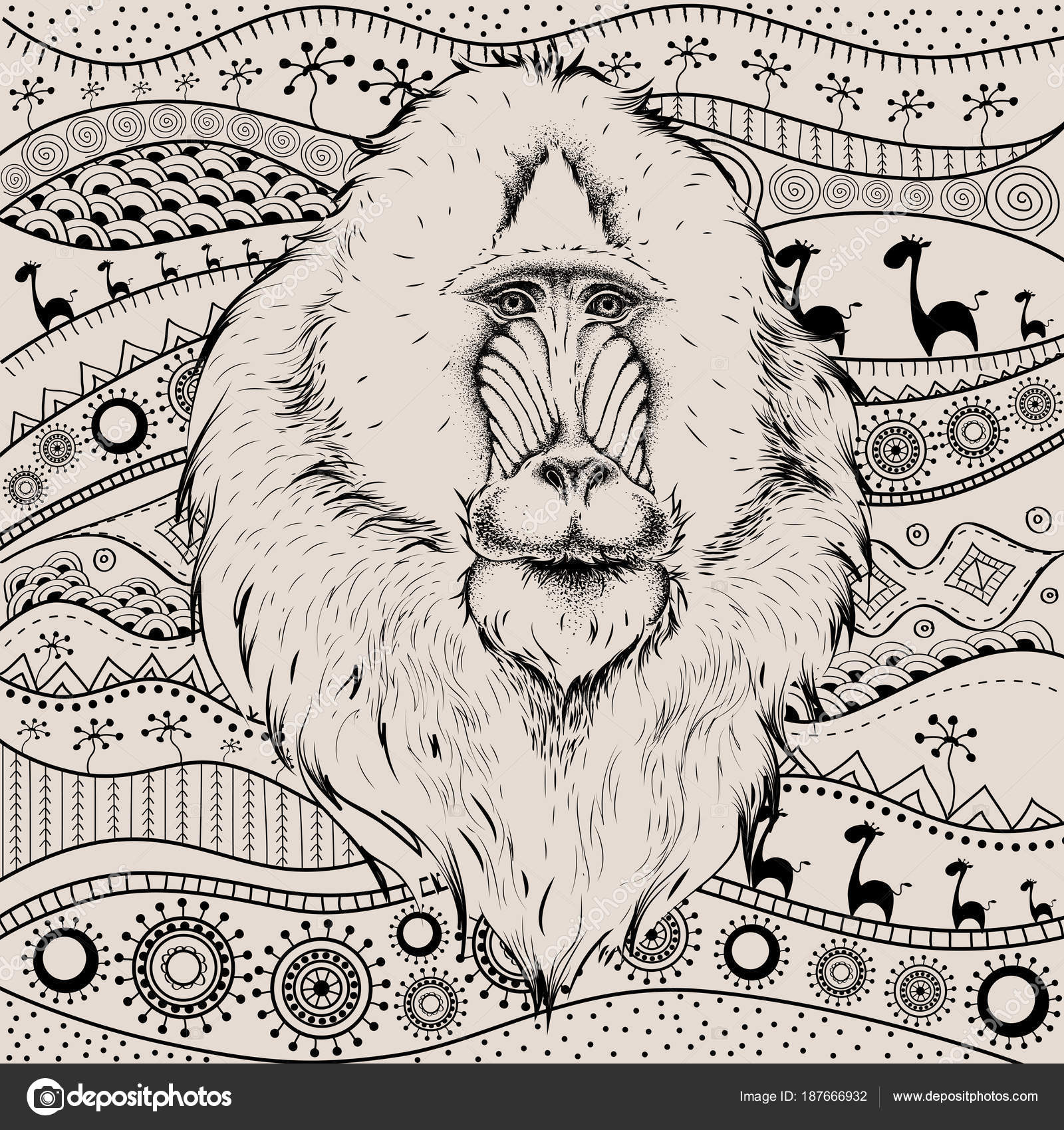 Hand Draw Mandrill Portra African Hand Draw Ethno Pattern Tribal Stock ...
